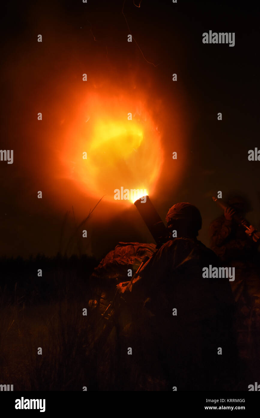 U.S. Army soldiers fire an M4 rifle during a night fire exercise for ...