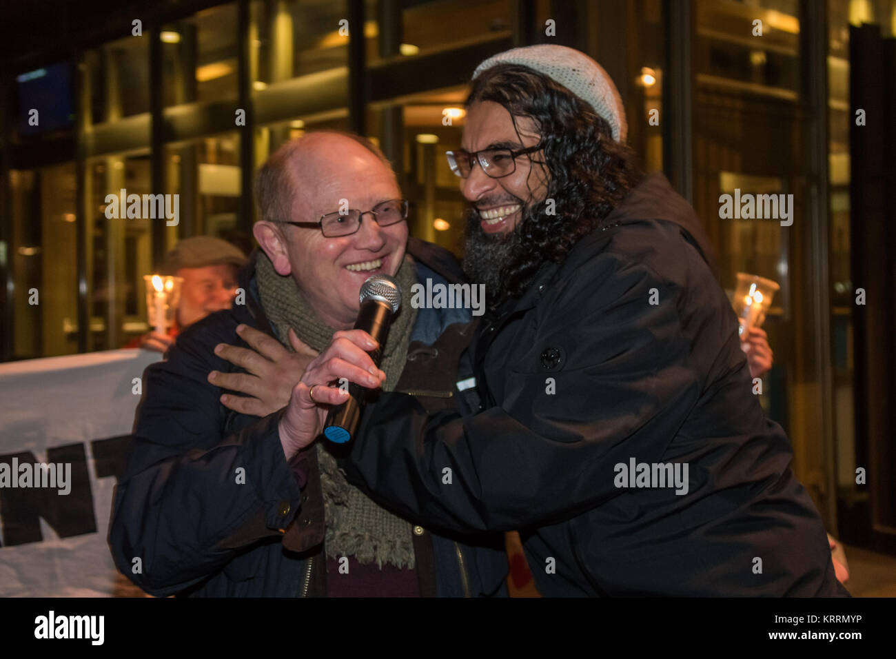 Shaker Aamer hugs a local campaigner for his release and the closure of ...