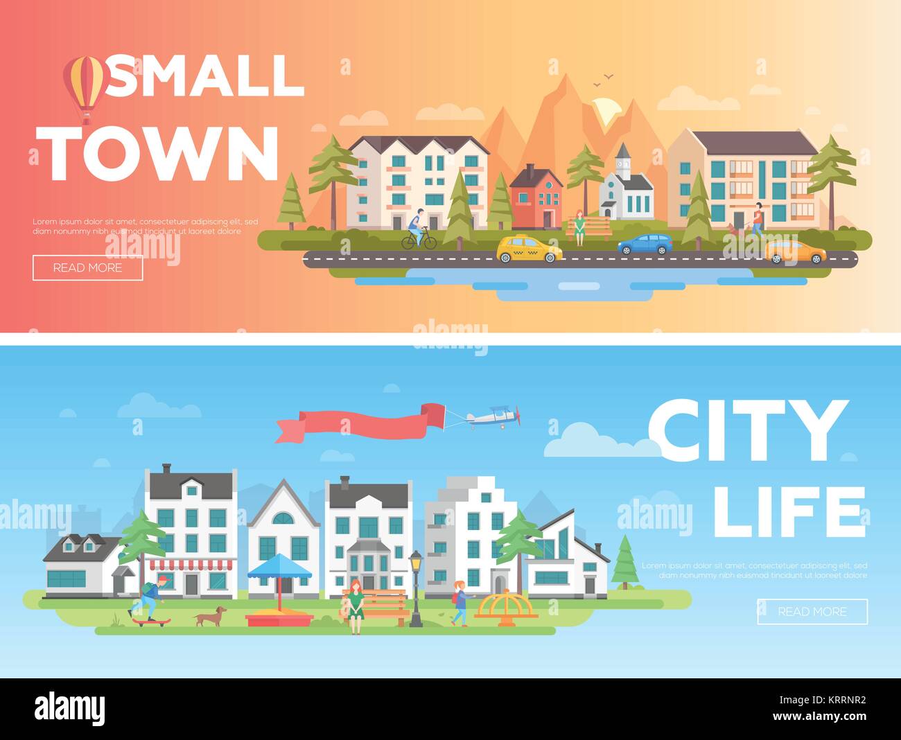 Town and city - set of modern flat vector illustrations Stock Vector ...