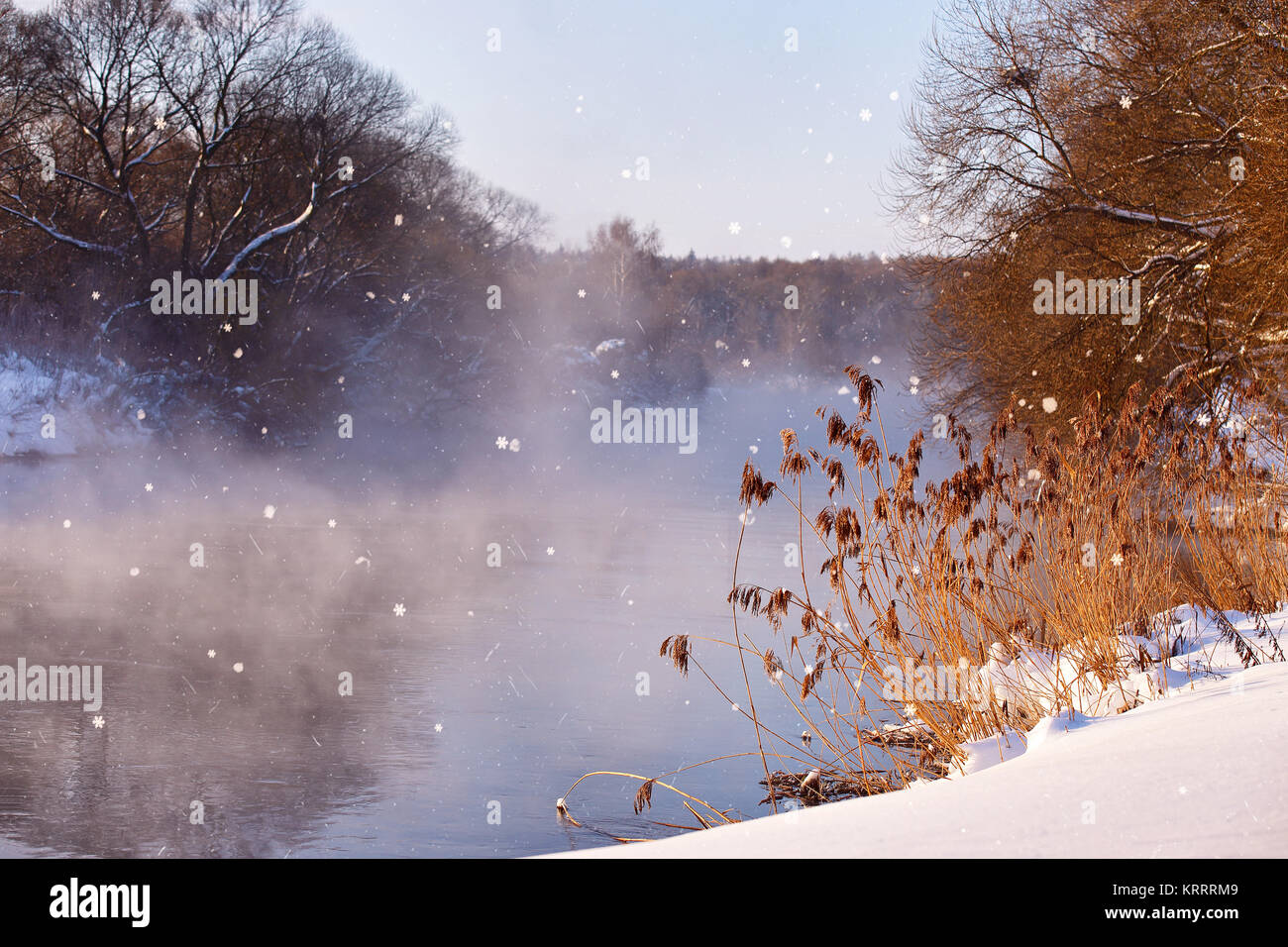 Sun and snowflakes. Sunny winter morning on a river Stock Photo - Alamy