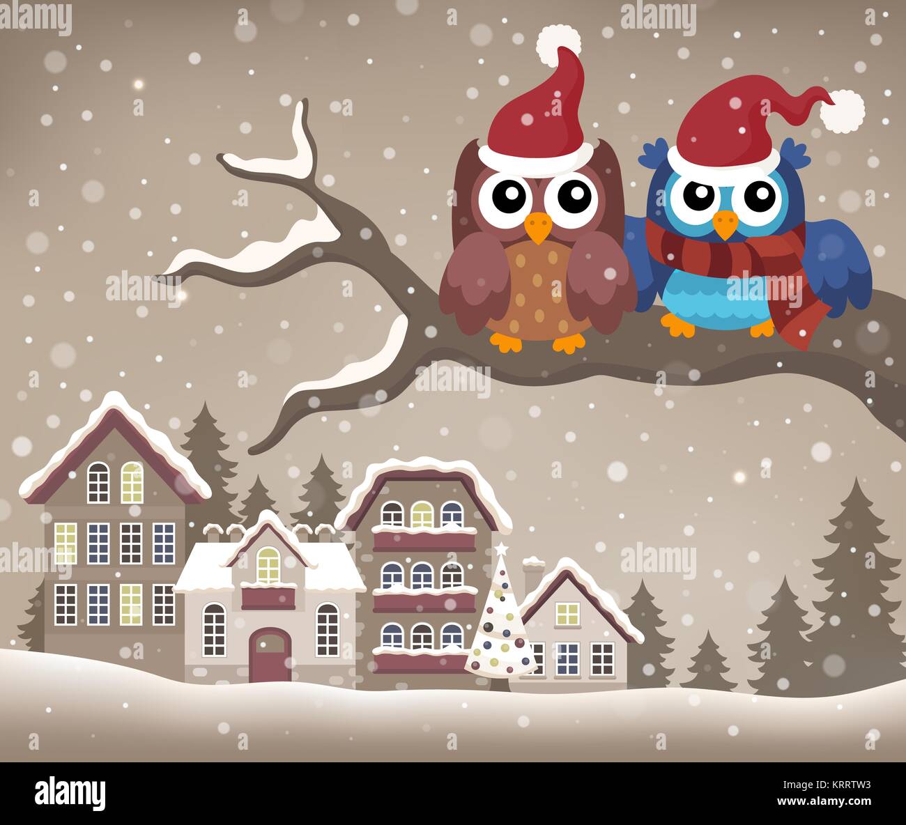Christmas owls on branch theme image 2 Stock Photo - Alamy