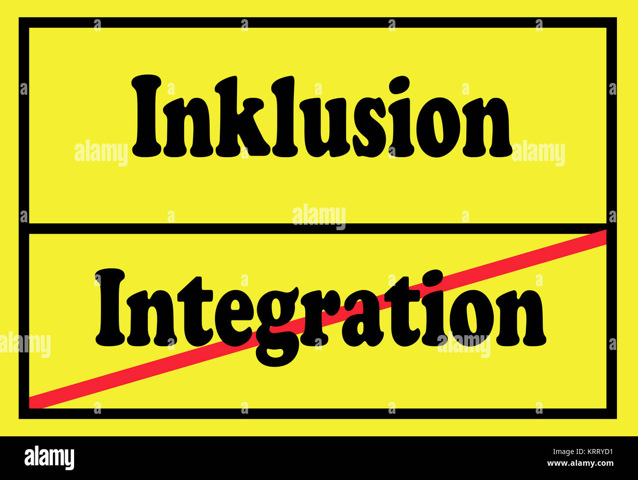 Gelbes Verkehrsschild mit der Aufschrift Integration durchgestrichen ...