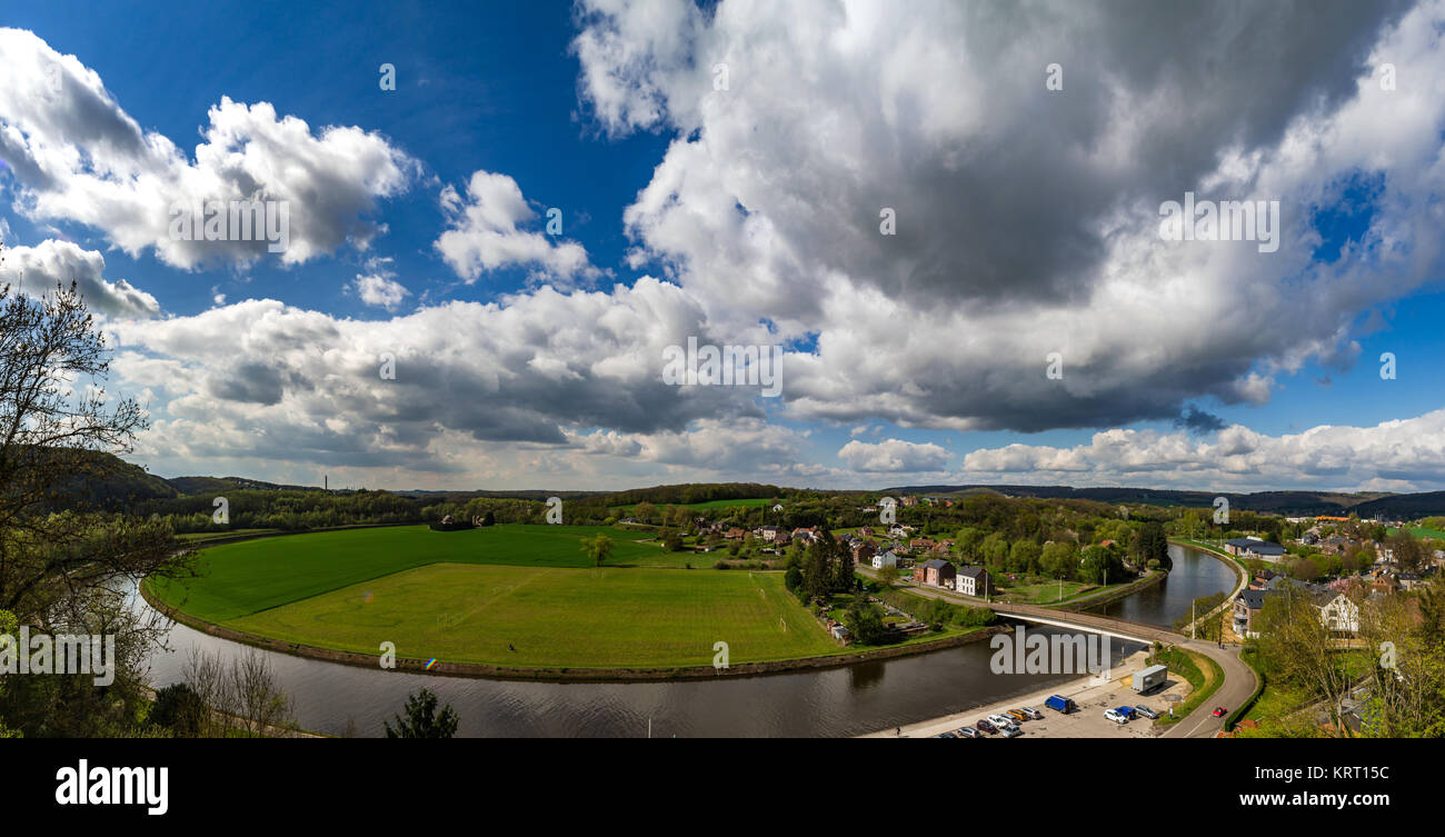 River looping around the green fields, summer day, Floreffe, Belgium ...