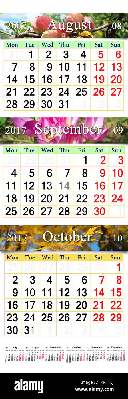 Calendar for August - October 2017 with colored pictures Stock Photo ...