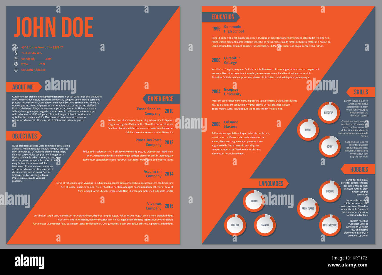 Two sided resume cv template with large orange stripe Stock Photo - Alamy
