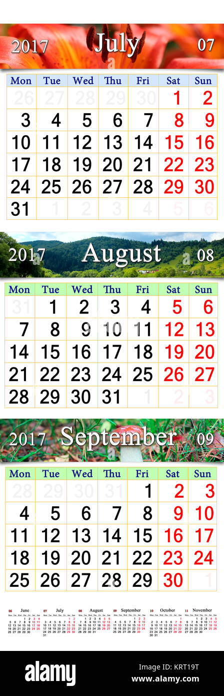 Calendar for July August September 2017 with three colored images Stock ...