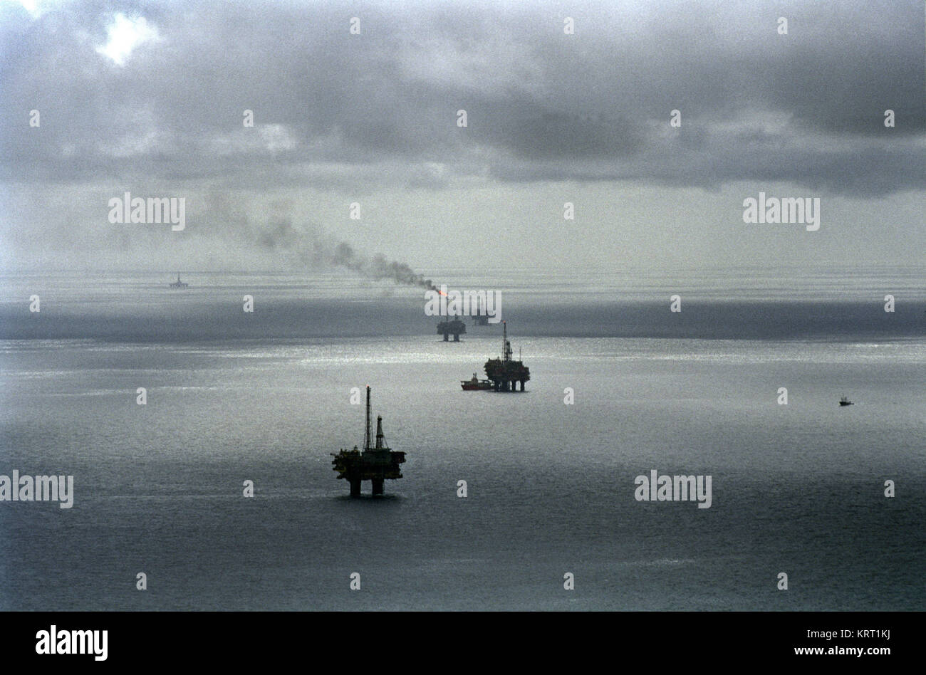North Sea, Oil production with platforms. Aerial view. Brent Oil Field ...