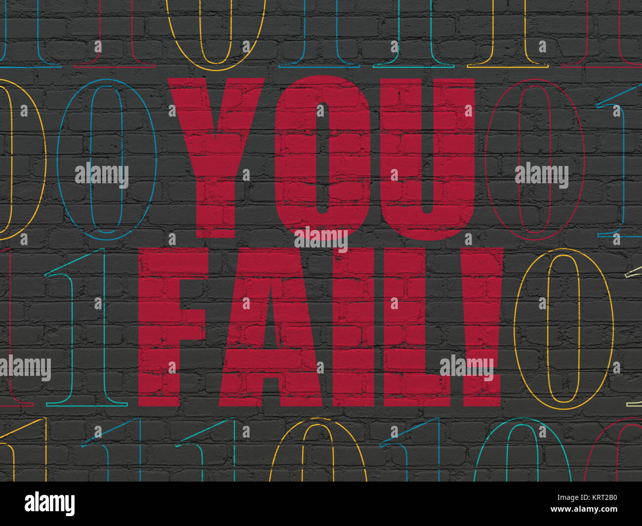 Business concept: Painted red text You Fail! on Black Brick wall background with Binary Code ...