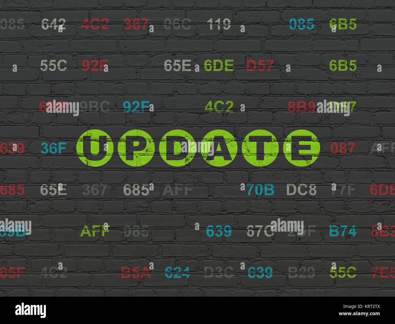 Web development concept: Painted green text Update on Black Brick wall background with ...