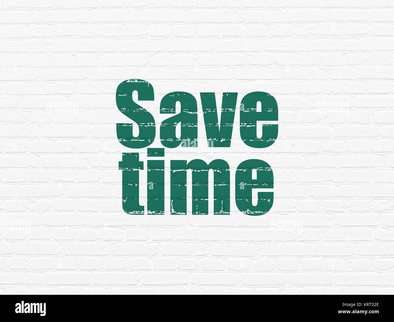 Timeline concept: Painted green text Save Time on White Brick wall ...