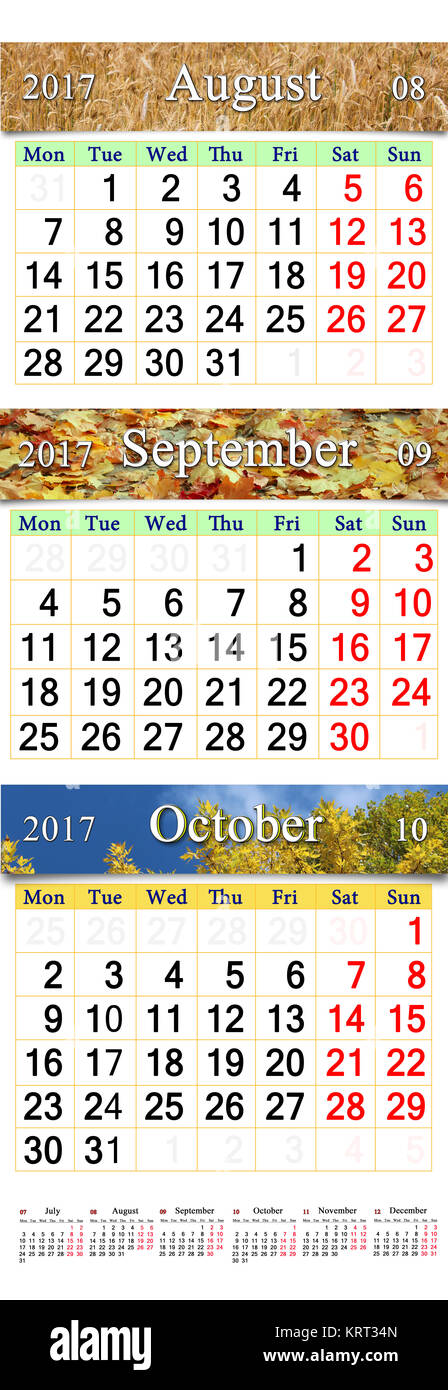 Calendar for August October 2017 with different colored images Stock ...