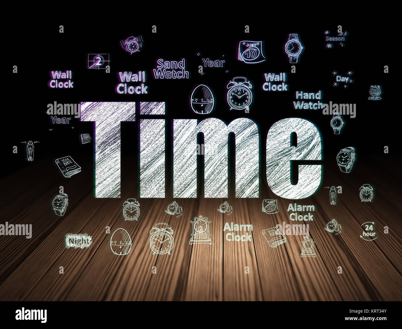 Timeline concept: Glowing text Time, Hand Drawing Time Icons in grunge ...