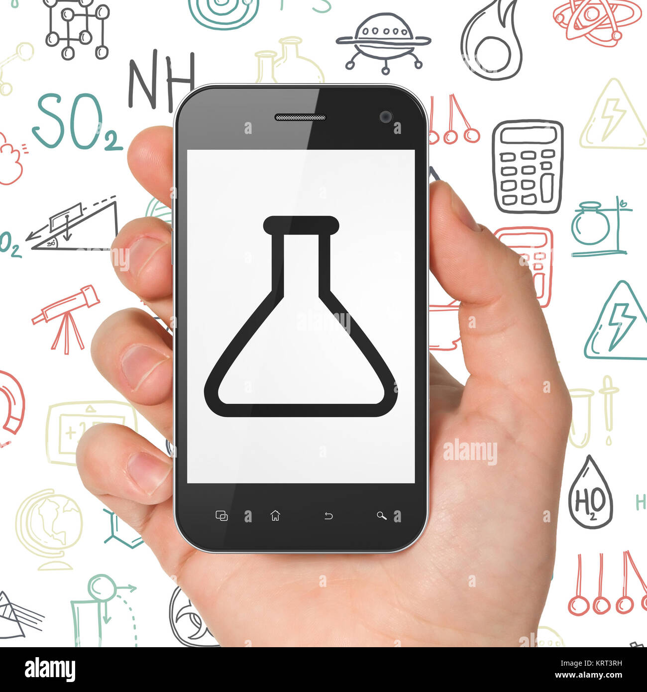 Science concept: Hand Holding Smartphone with black Flask icon on ...