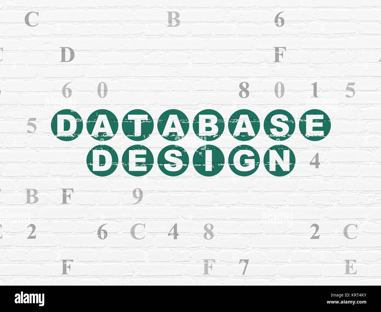Software concept: Painted green text Database Design on White Brick ...