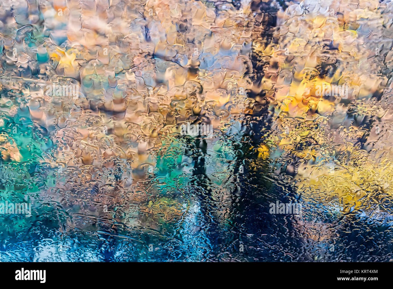 rain in the park glass wet surface with reflection, rain drops on the ...