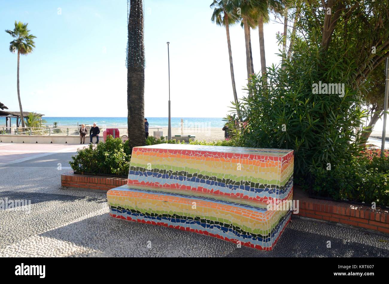 Multicolored tile mosaic in bench located in the promenade of Estepona ...