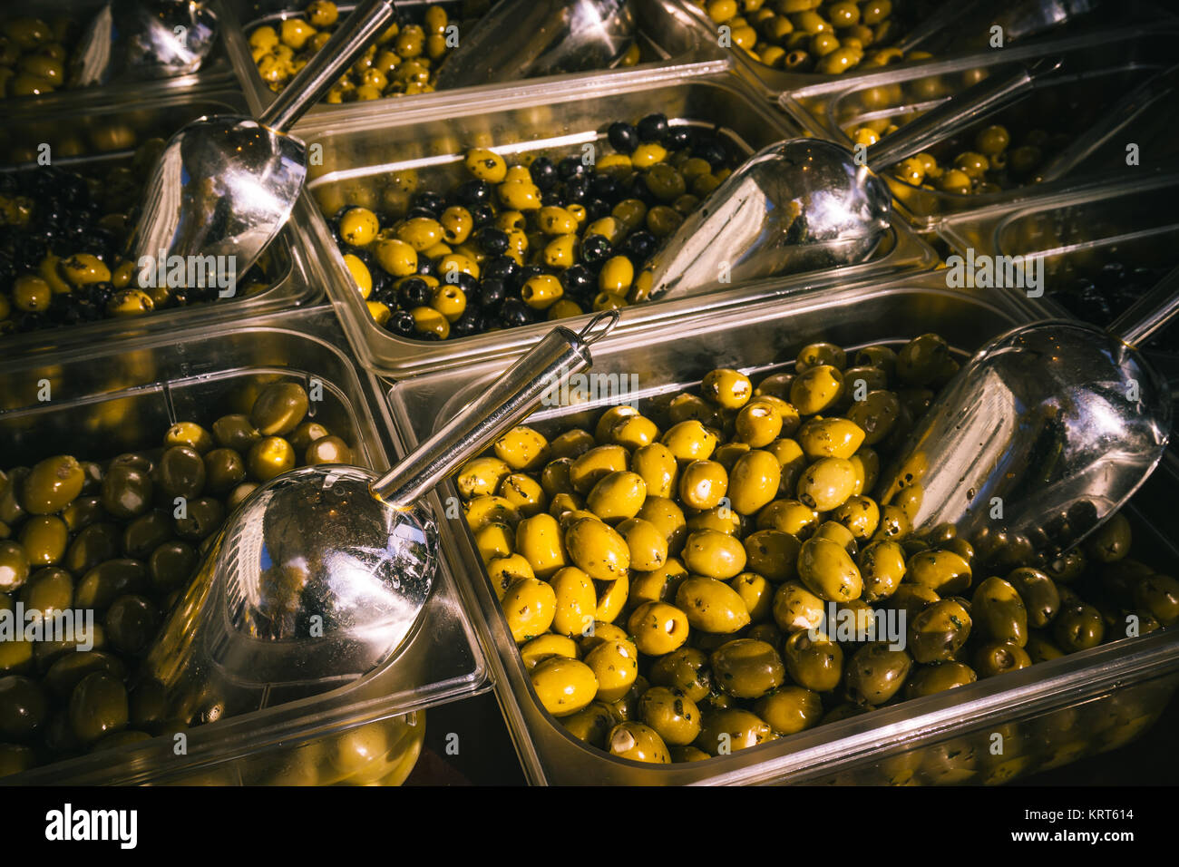 Olives at a market stall. Bowls of olives for sale at a market Stock ...