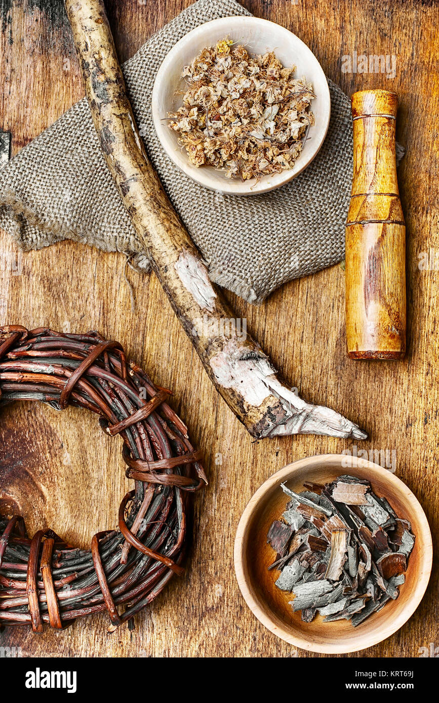 Medicinal herb in the wooden bowl and inula root Stock Photo - Alamy