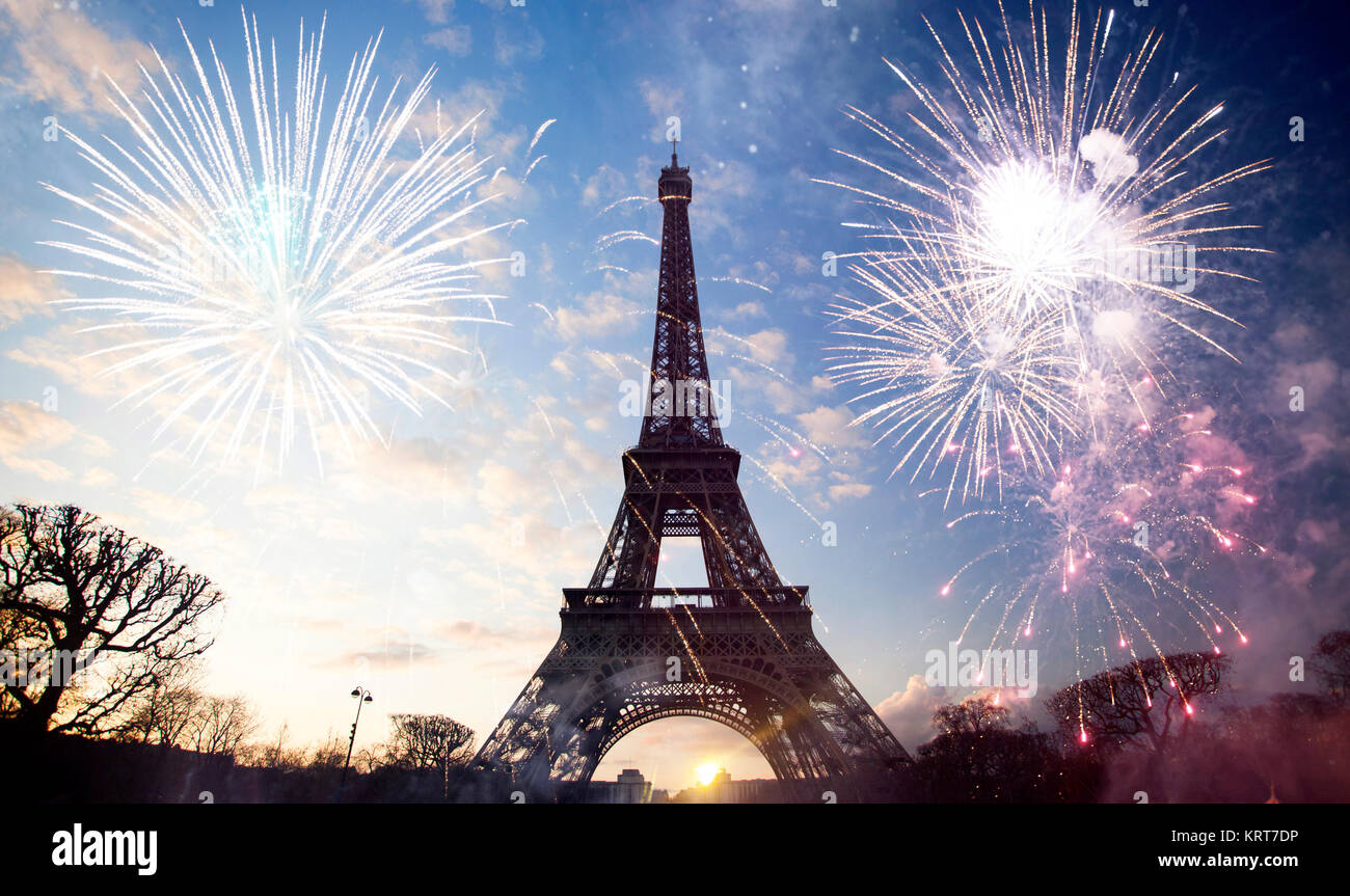 Abstract background of Eiffel tower with fireworks Stock Photo - Alamy