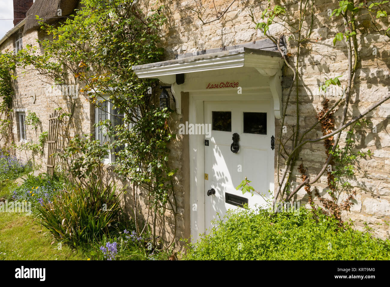 The white front door of a thatched cottage in Halford, near Shipston-on ...