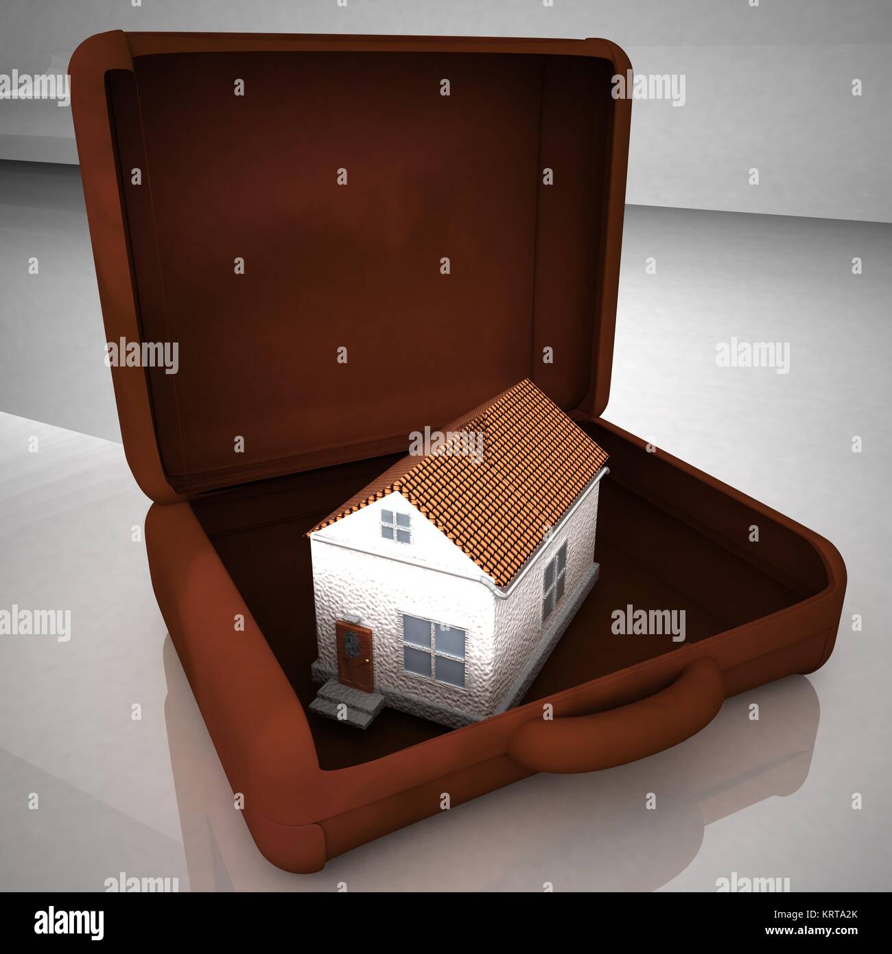 House in leather suitcase over white reflecting background Stock Photo ...