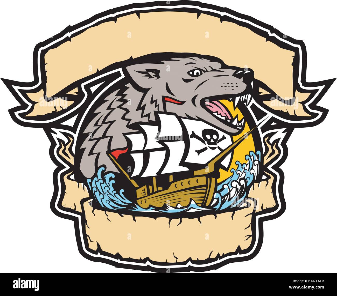 Retro style illustration of an angry seawolf or wolf head with galleon ...