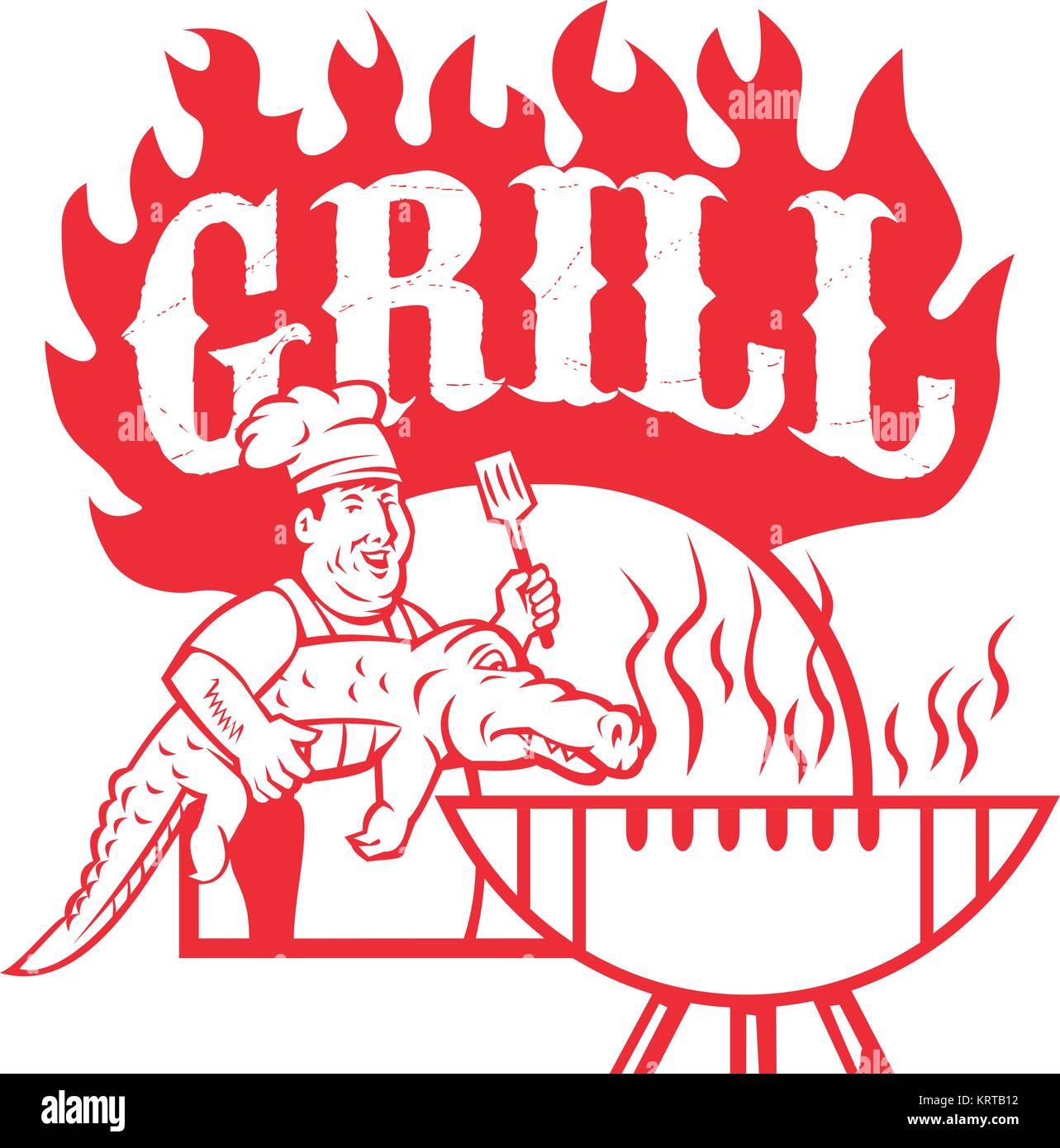 Retro style illustration of a bbq chef carrying a gator to barbecue ...