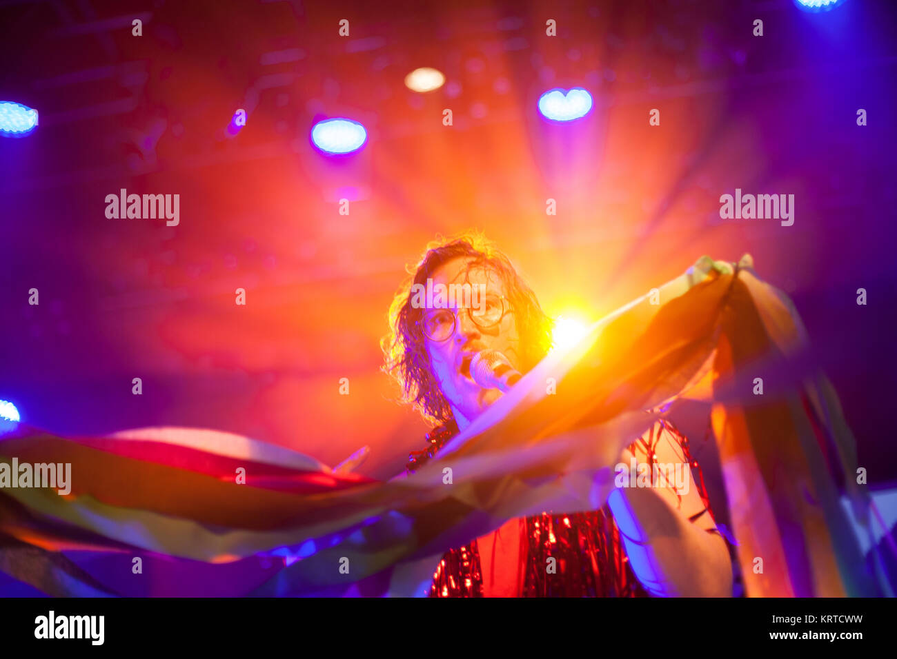 The Icelandic electro-pop band FM Belfast performs a live concert at ...