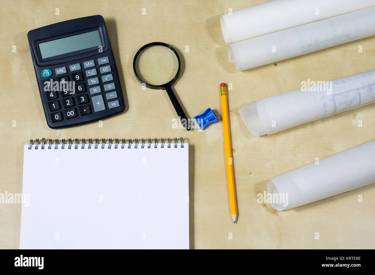 Drawing instruments and a notebook on the work table. Accessories for ...