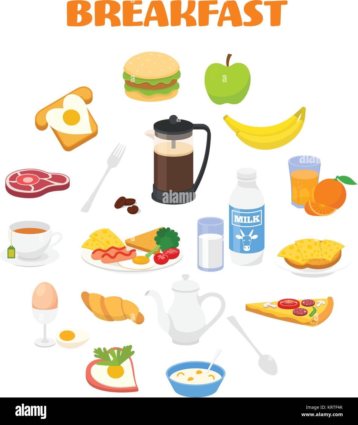 Breakfast concept with fresh food and drinks icons set - vector ...