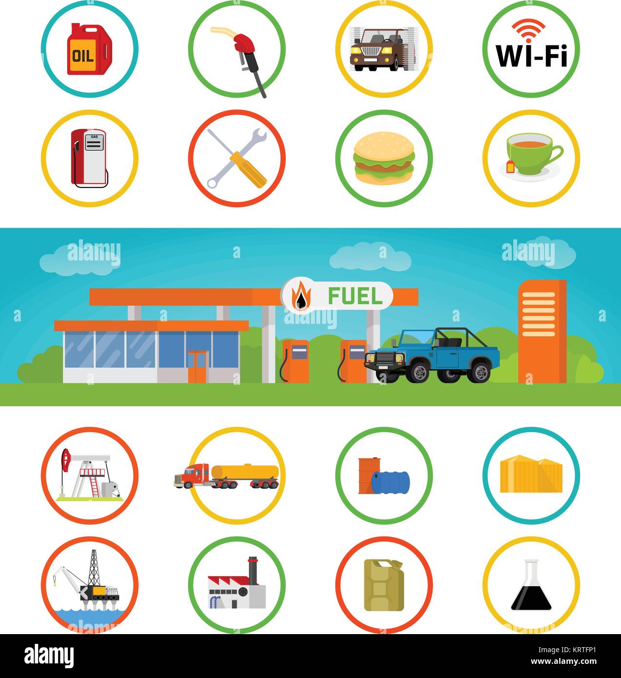 Gas station and fuel pump with a shop. Vector illustration and icons ...