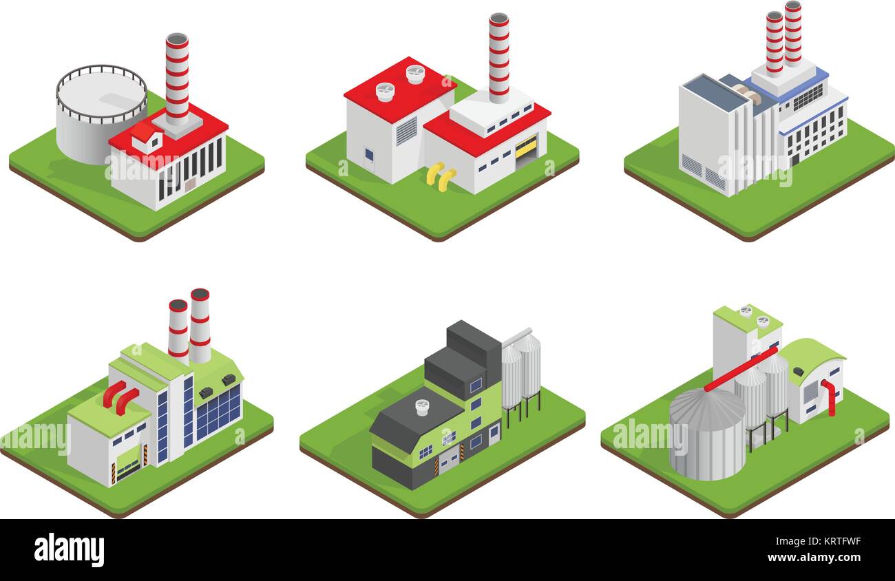 Icons and compositions of industrial building, isolated constructions ...