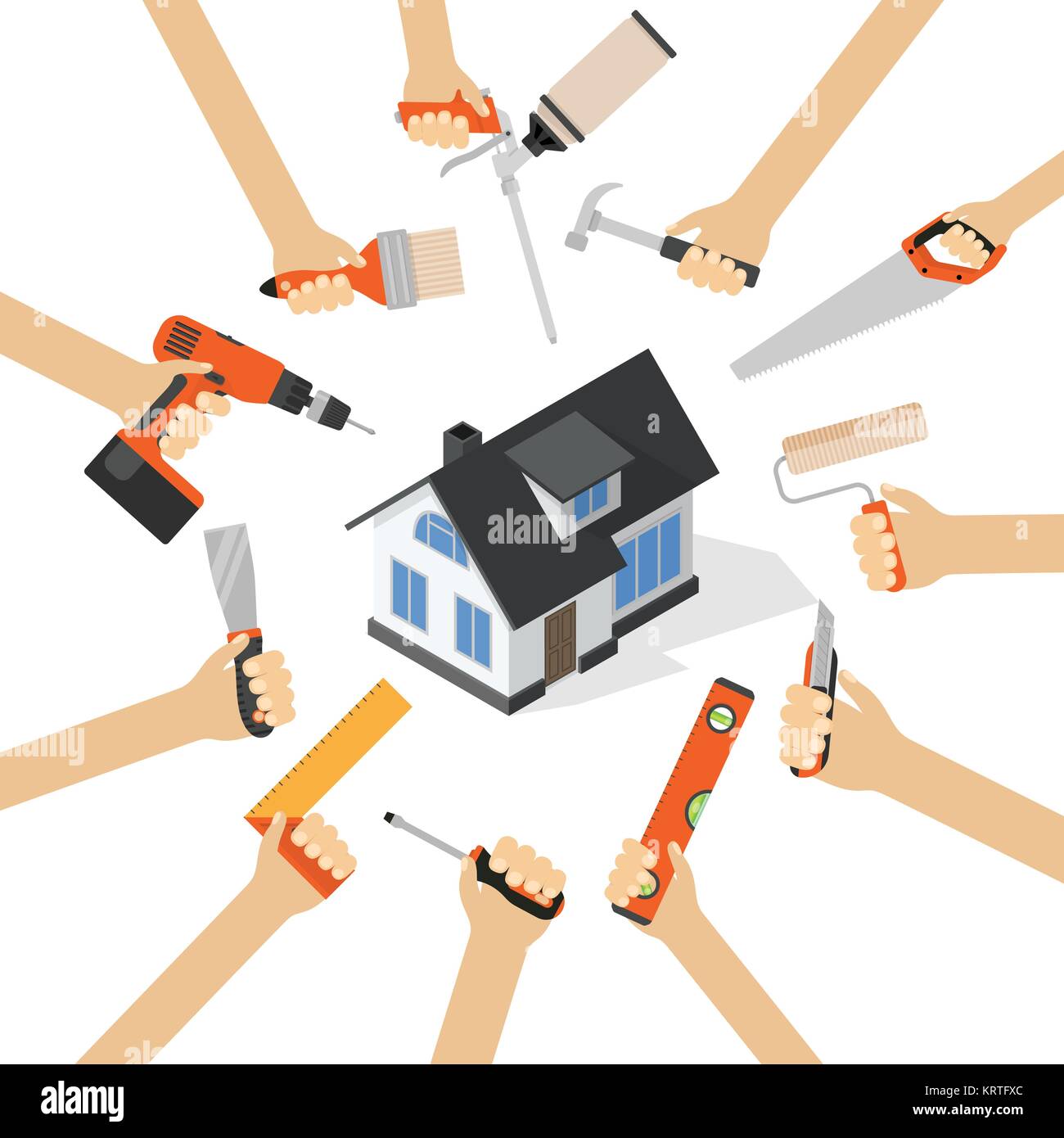 Hands with home repair diy renovation housework tools flat vector ...