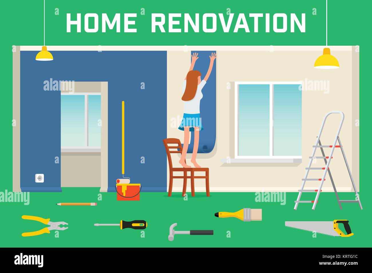 Room repair in home. Interior renovation in apartment and house. girl ...