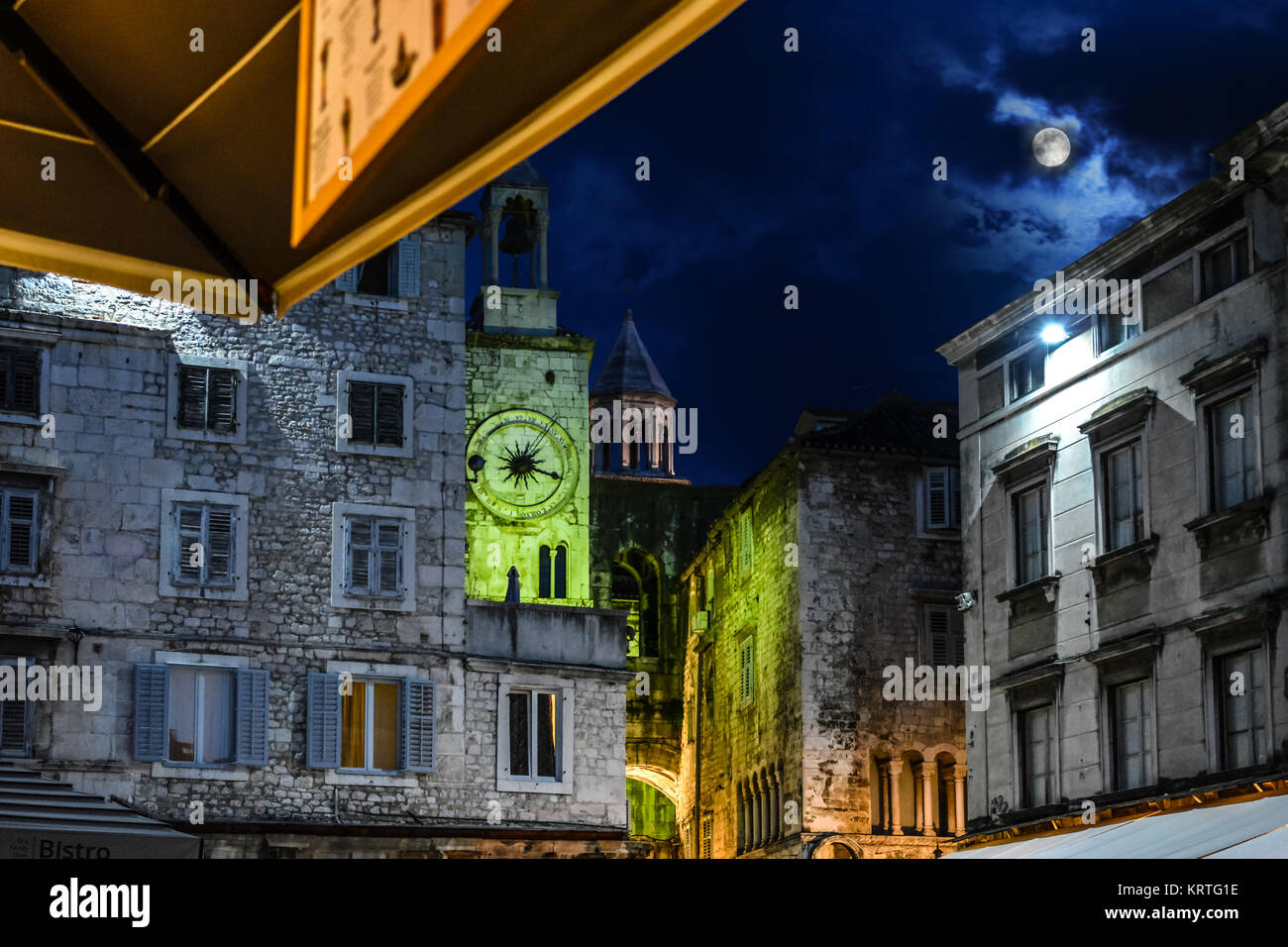 Peoples Square with the tower of the Split Cathedral behind lit up ...