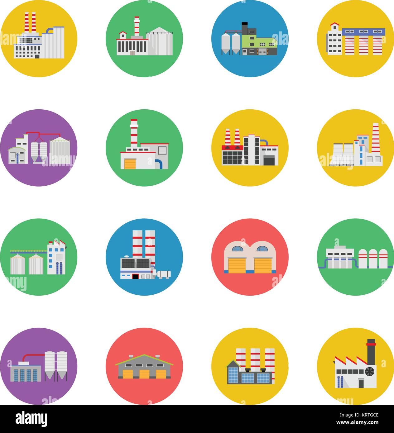 Flat industrial buildings and factories icons - Vector Set On White ...