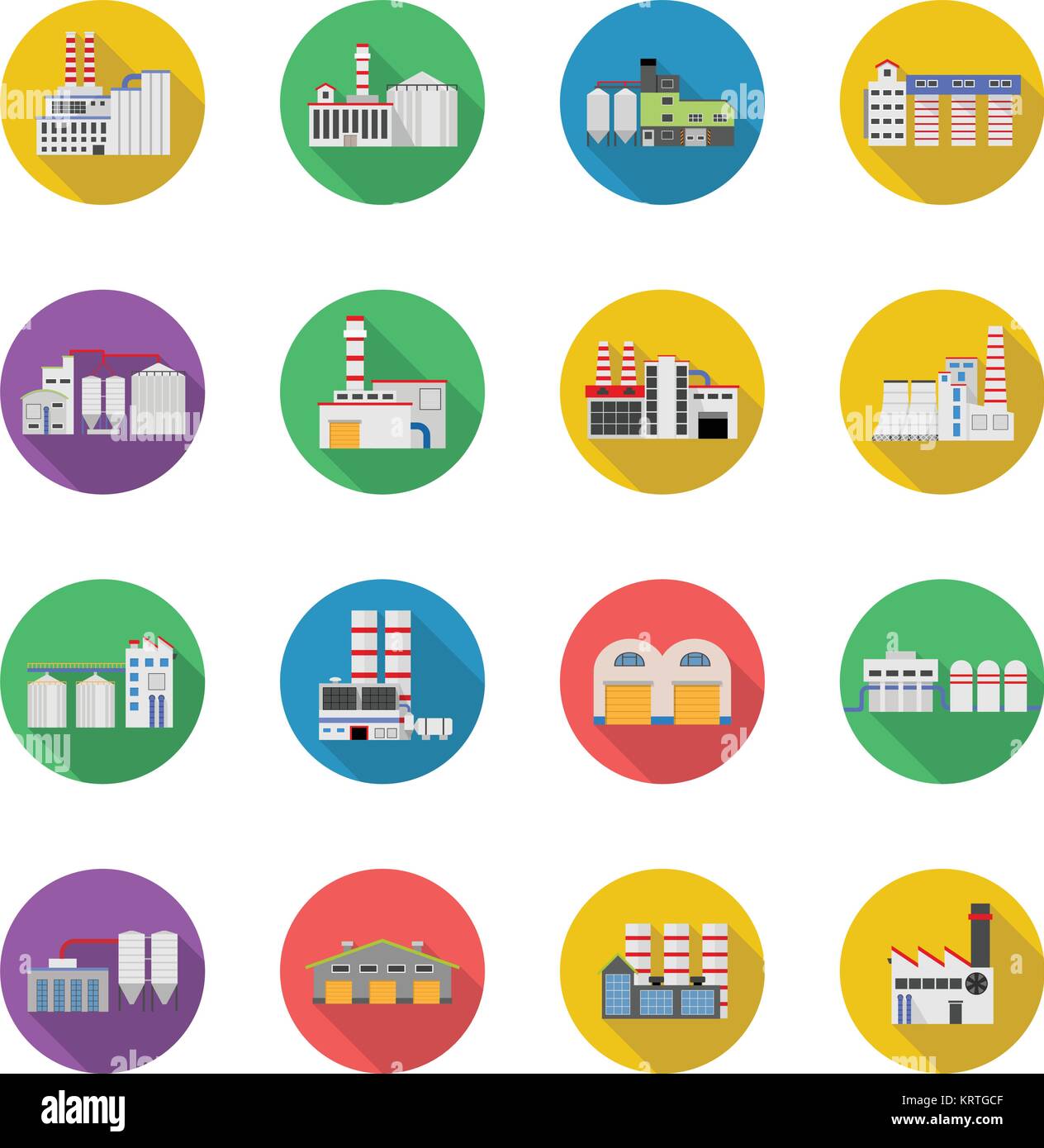 Flat industrial buildings and factories icons - Vector Set On White ...