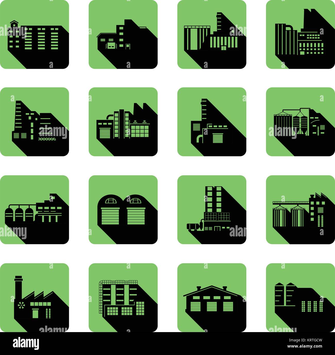 Flat Icon set of distribution warehouse and factories. Silhouette ...