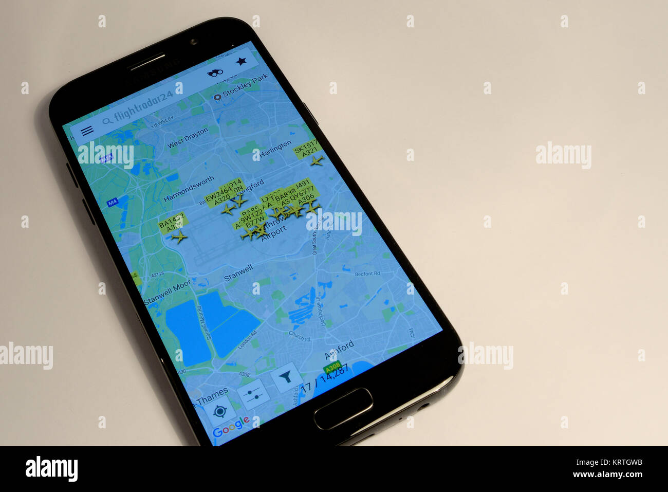 Flightradar 24 FR24 flight tracking app on a smart mobile phone showing ...