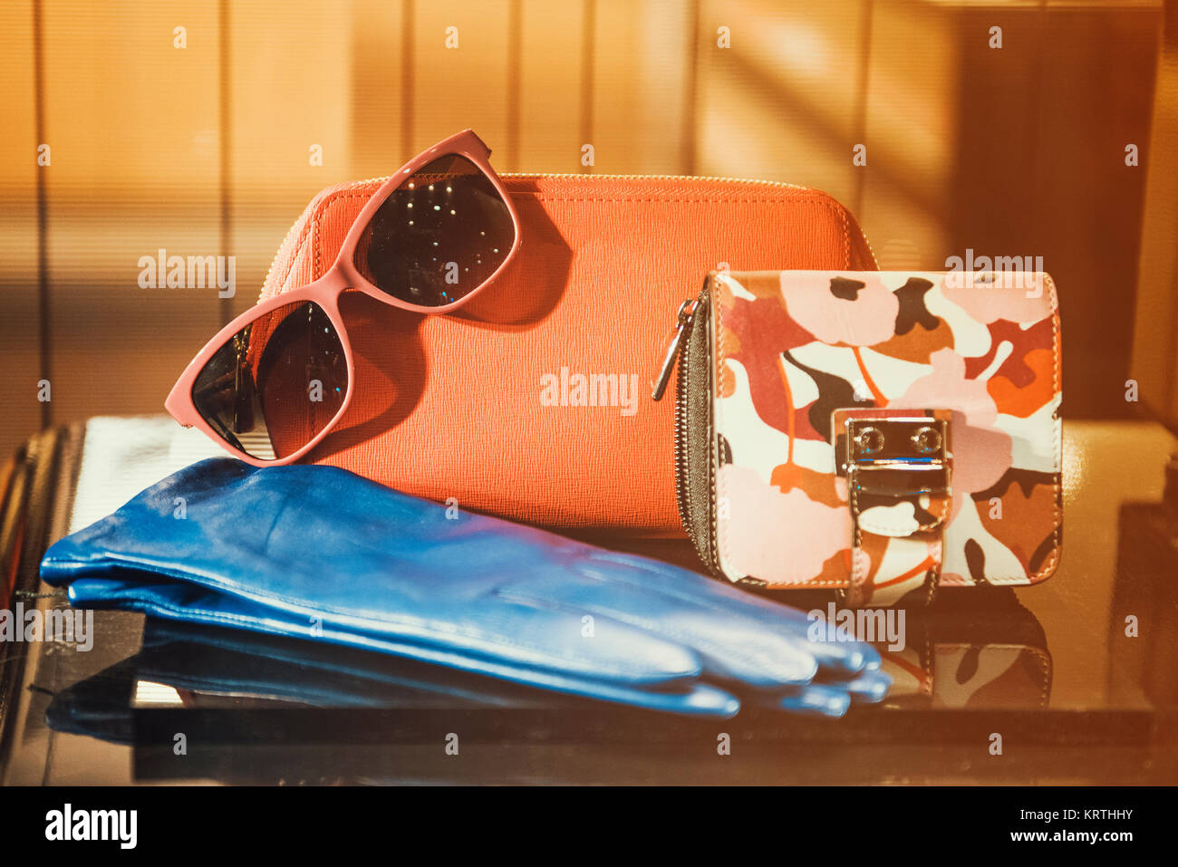 Fancy and luxury accesories: sunglasses, purse and gloves Stock Photo ...