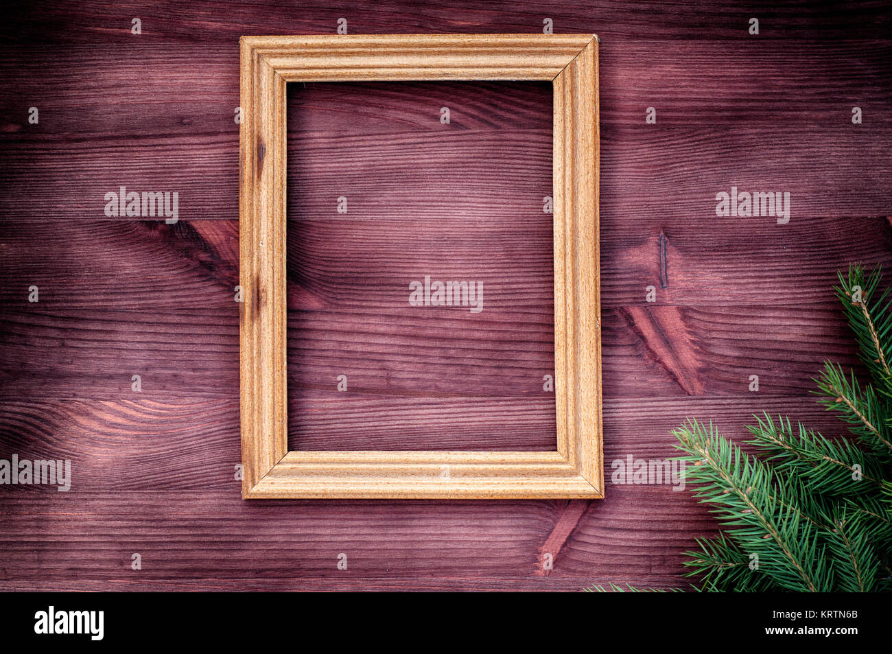 Empty wooden frame with a branch of spruce in the corner Stock Photo ...