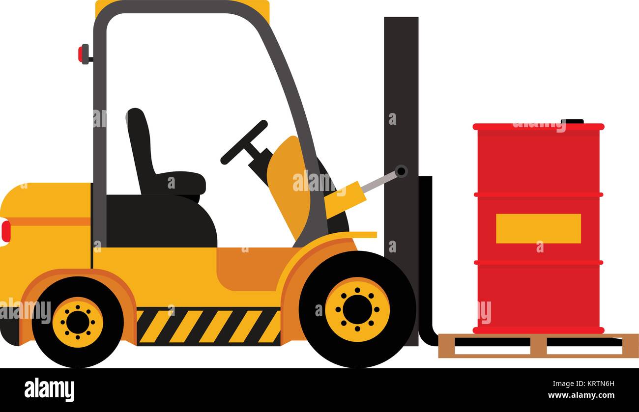 Vector forklift truck with lifted red barrel isolated flat stock ...