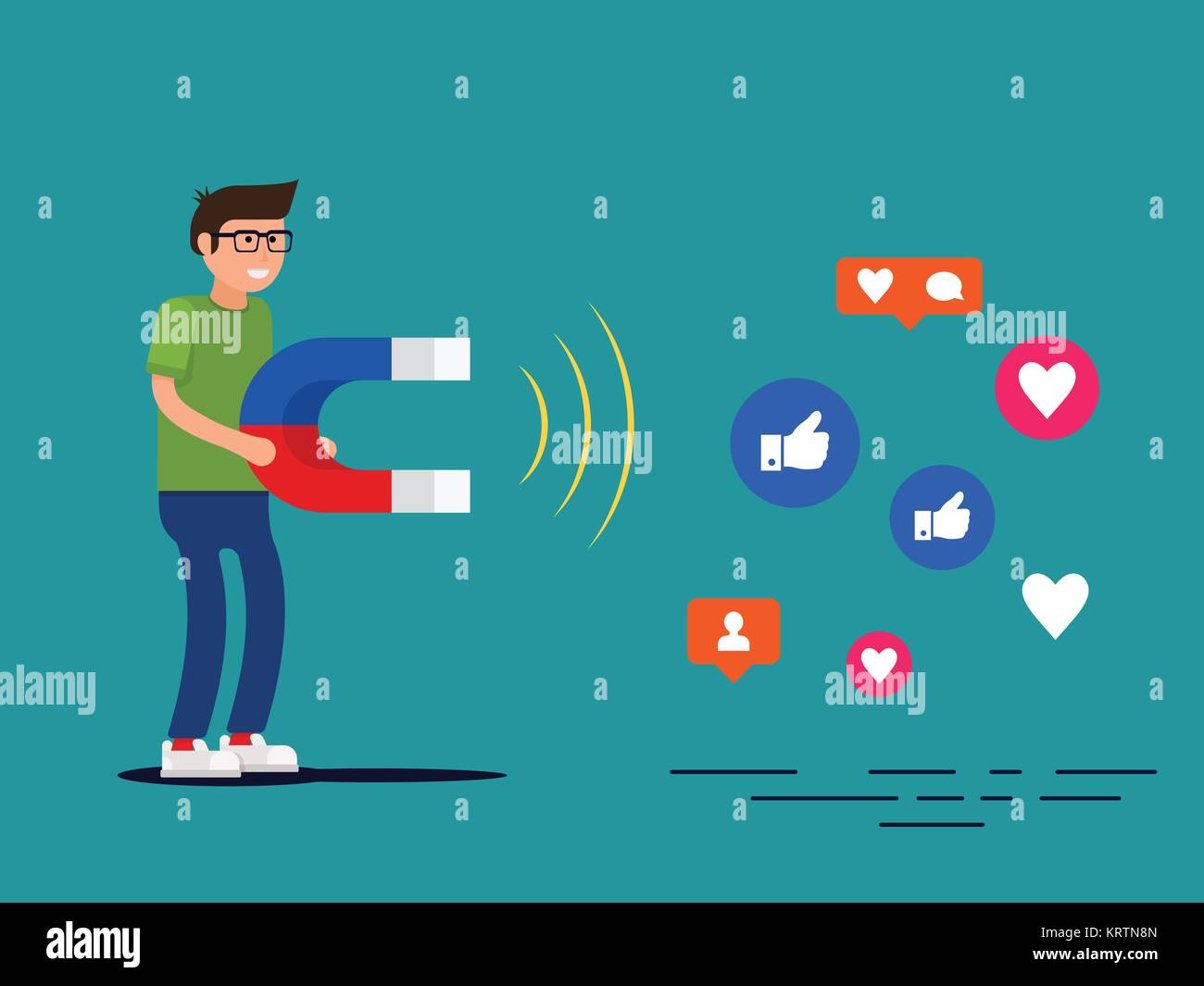 Social media marketing concept. Young nerd attracting likes with a huge ...