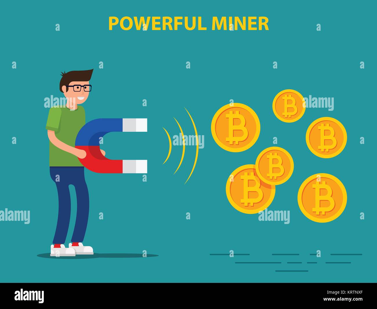 Powerful miner mining bitcoin - vector concept with magnet attracting ...