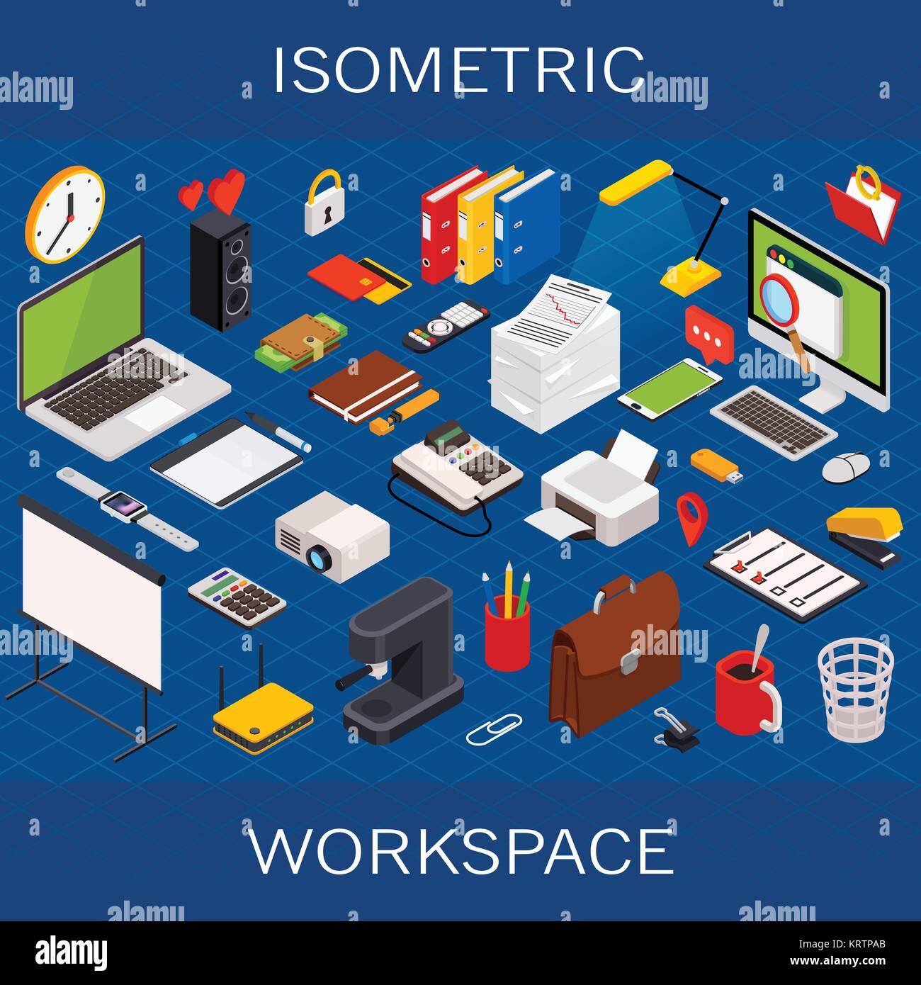 Flat 3d isometric computerized technology workspace infographic concept ...