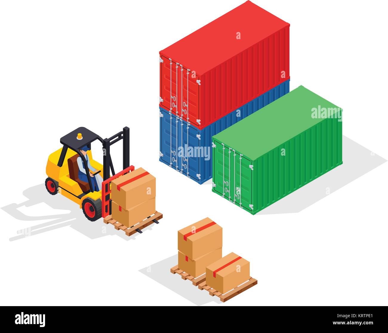 Unloading of sea cargo containers by a forklift. Closed containers and ...