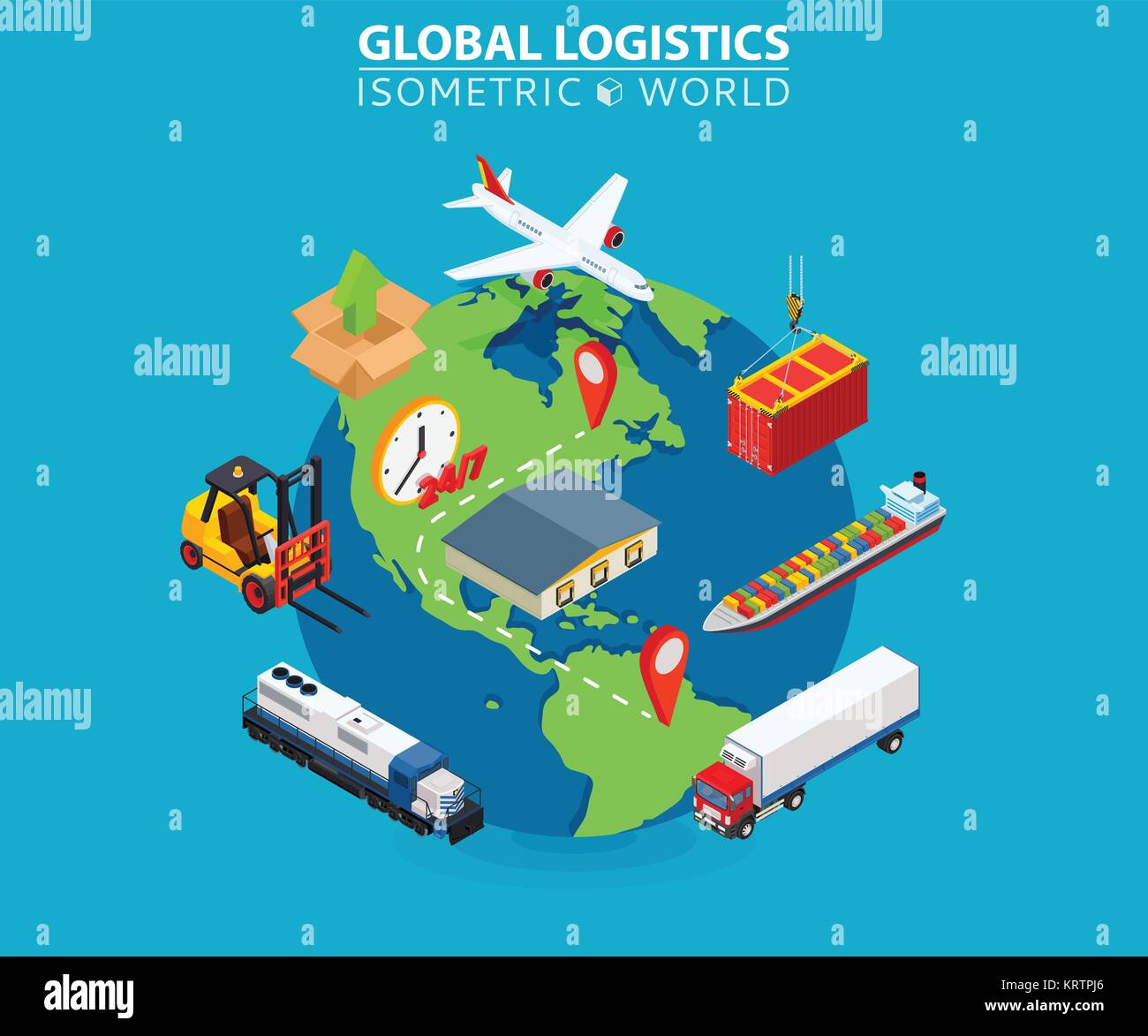 Global Logistics cargo delivery flat 3d isometric pixel art modern ...
