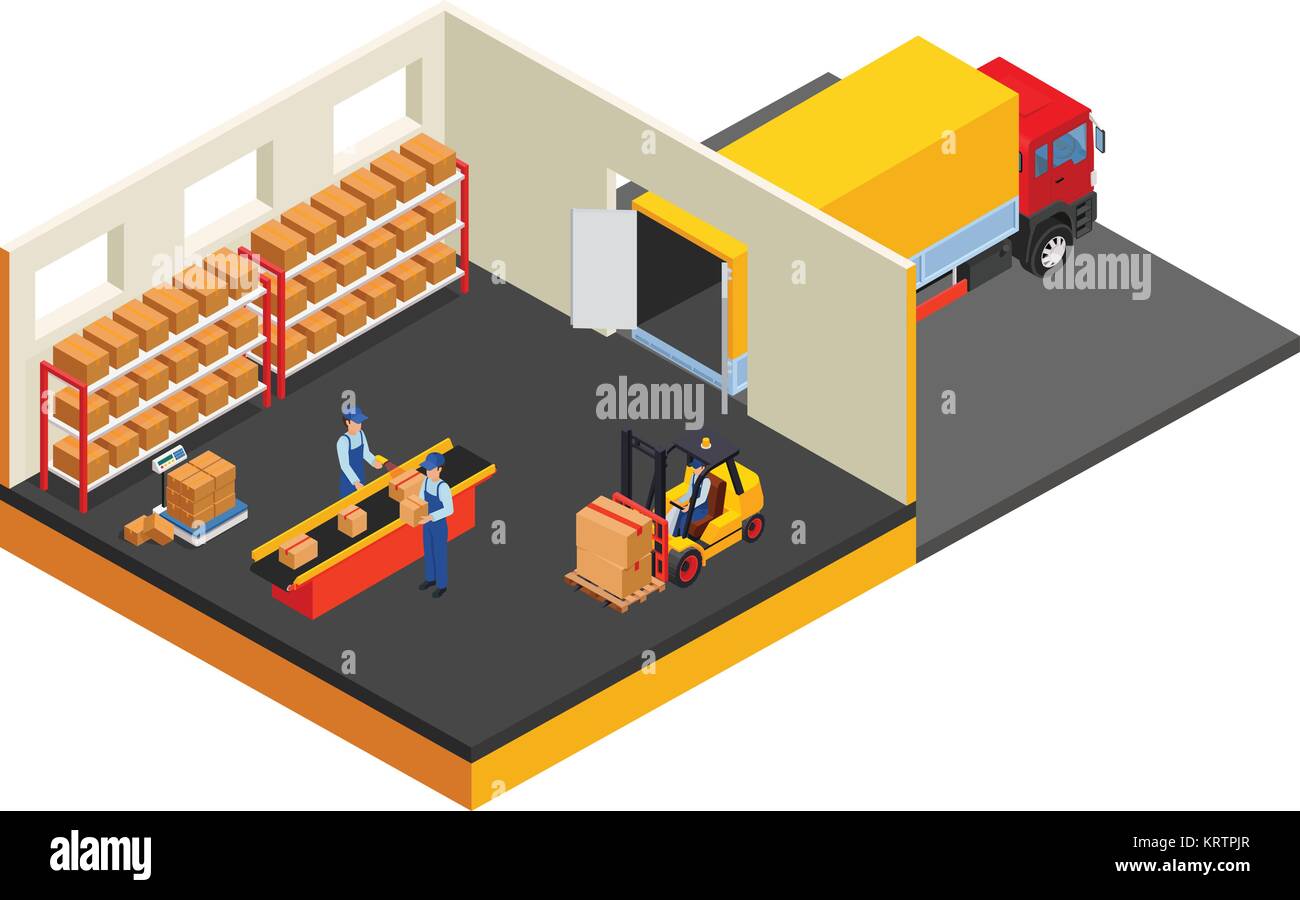 Loading or unloading a truck in the warehouse. Forklifts move the cargo. Warehouse equipment ...