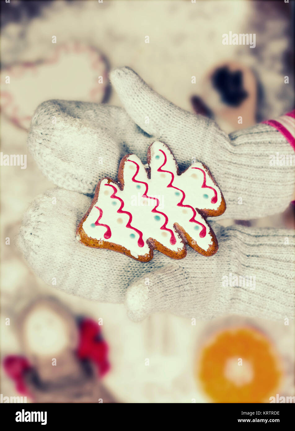 Child hands in gloves holding gingerbread cookie Stock Photo - Alamy