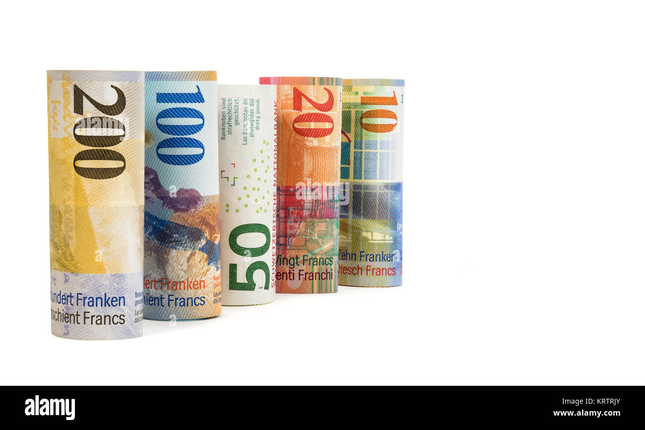 Set of rolled swiss franc banknotes isolated on white background with ...